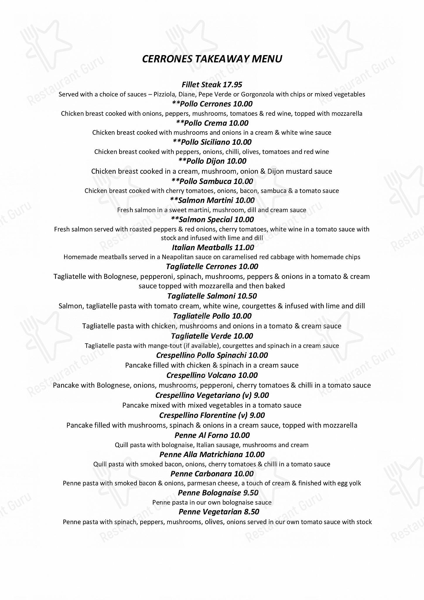 Menu at Cerrones Restaurant, Sheffield