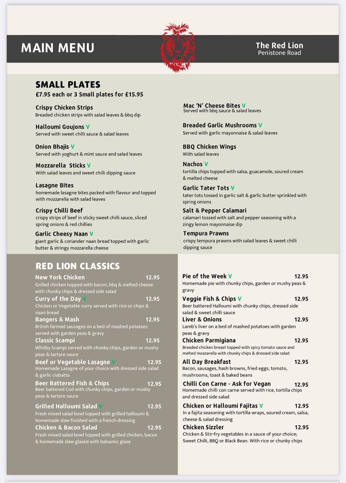 Menu at The Red Lion pub & bar, Sheffield, 95 Penistone Rd