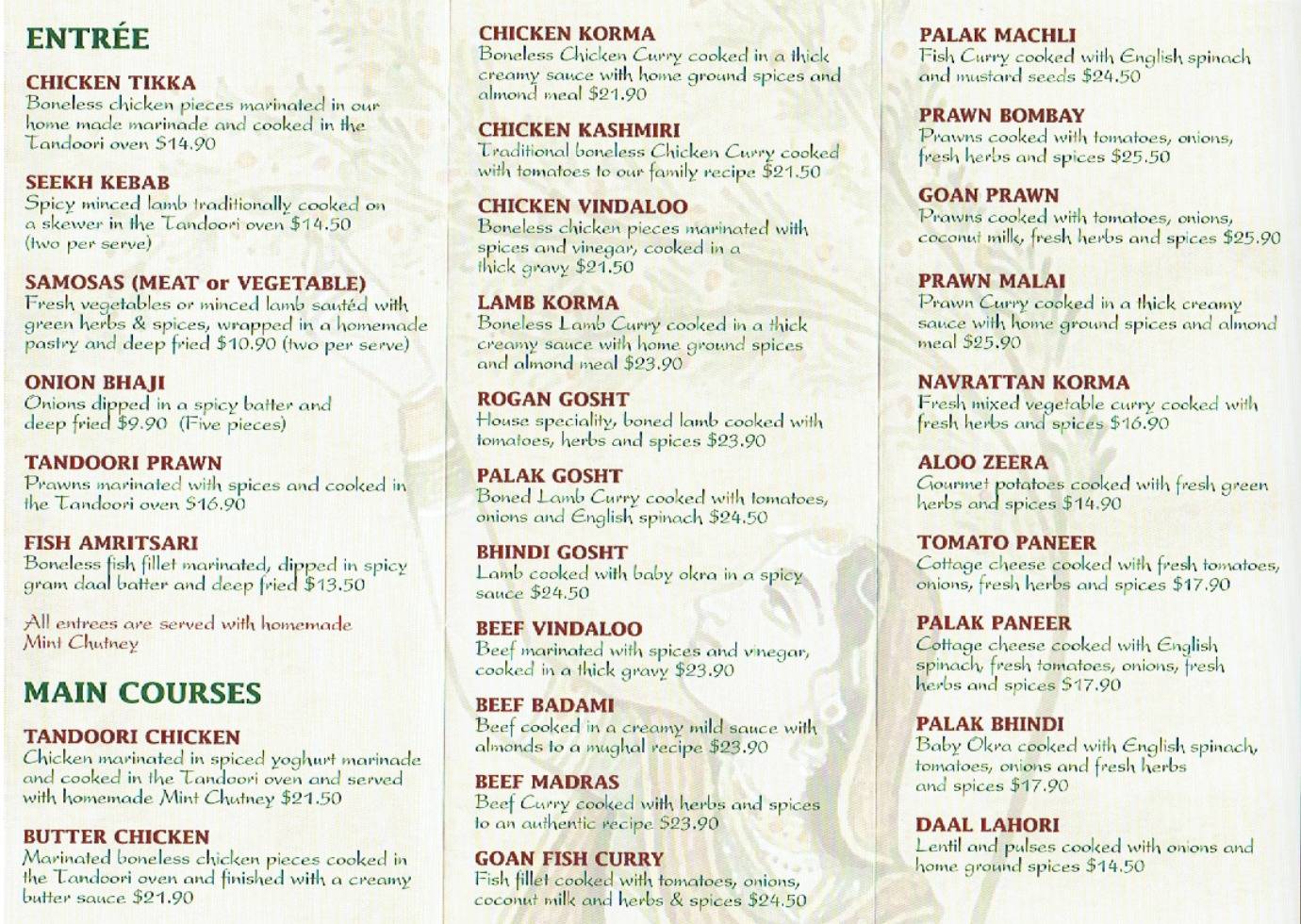 Menu at Shehnai Tandoori Indian Restaurant, Currambine, 1244 Marmion Ave