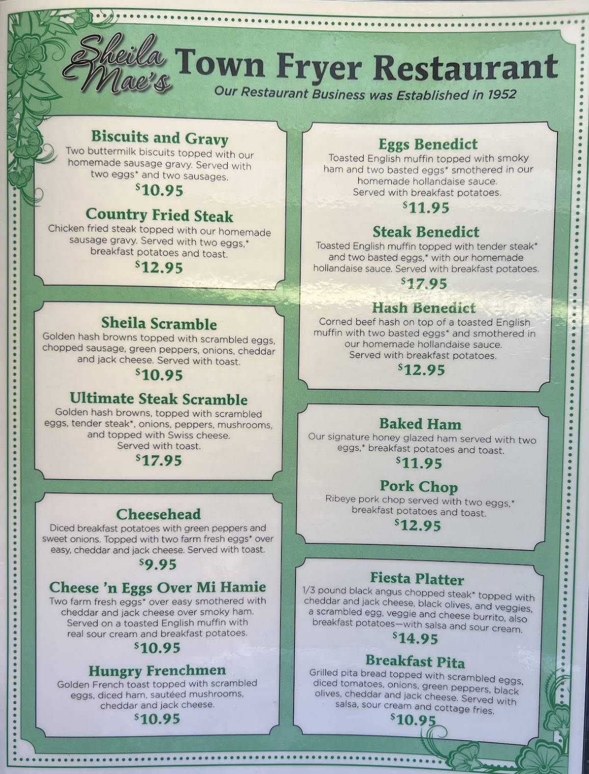 Menu at Sheila Mae's Town Fryer restaurant, Burlington