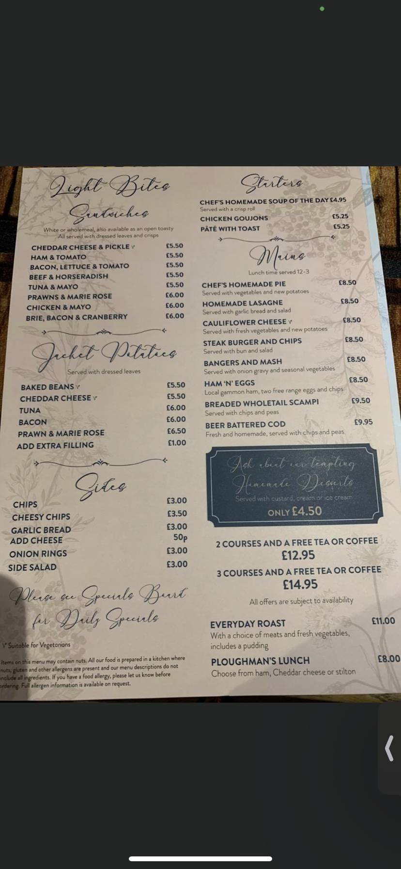 Menu at George Hotel pub & bar, Sherborne