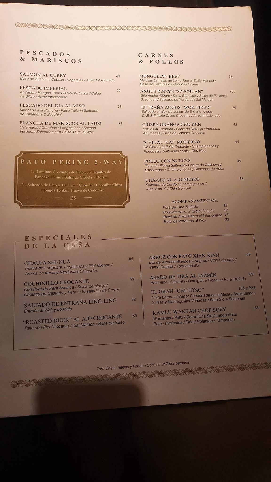 Carta del restaurante Shi-Nua, Lima