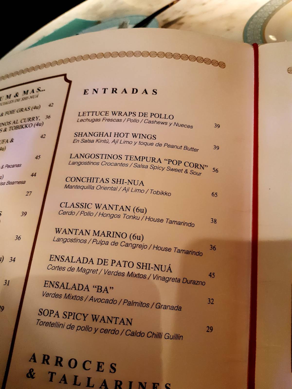 Carta del restaurante Shi-Nua, Lima