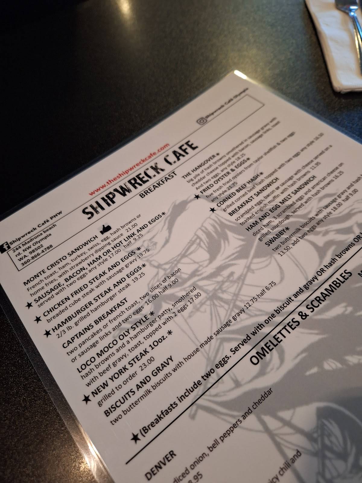 Menu at Shipwreck Cafe, Olympia