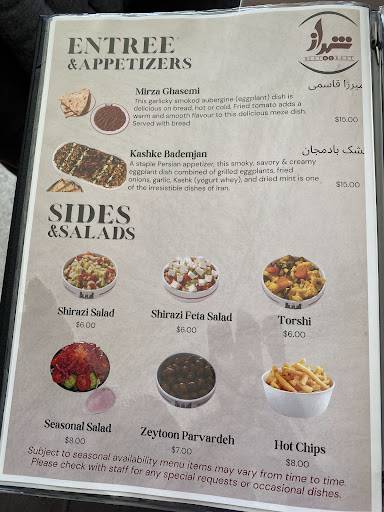 Menu at Shiraz Restaurant, Fulham