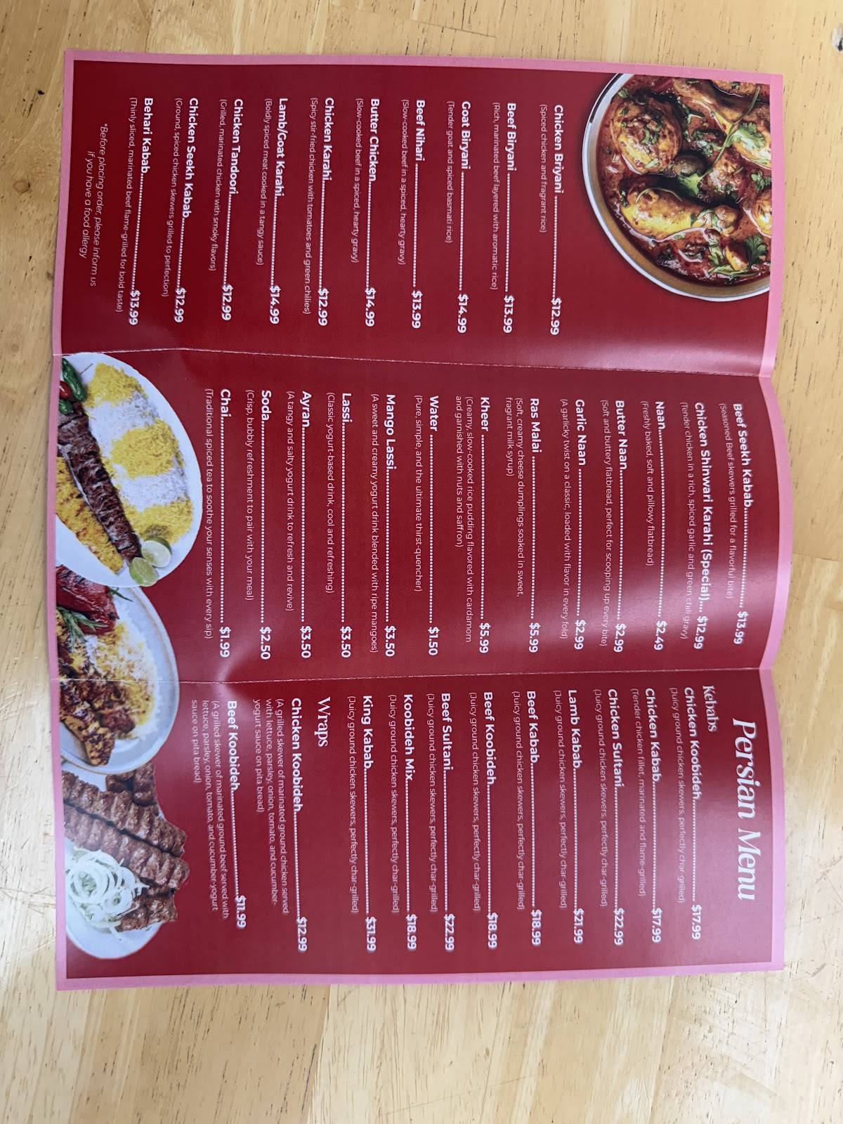 Carta del restaurante Shish Kabob, Pawtucket