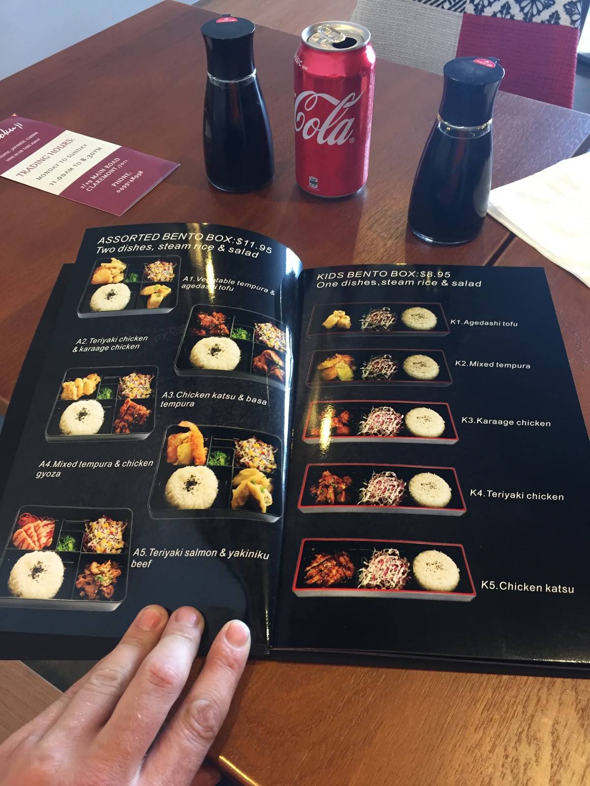 Menu at Shokuji Japanese Restaurant, Claremont