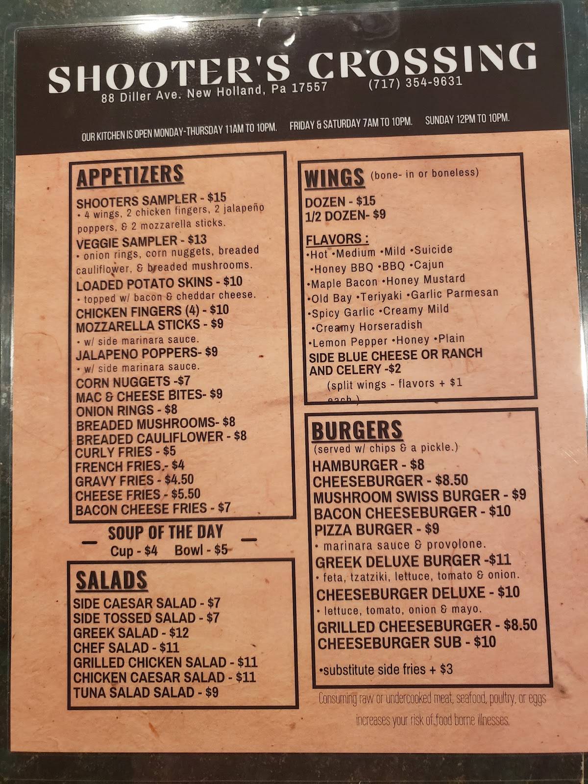 Menu at Shooter's Crossing pub & bar, New Holland
