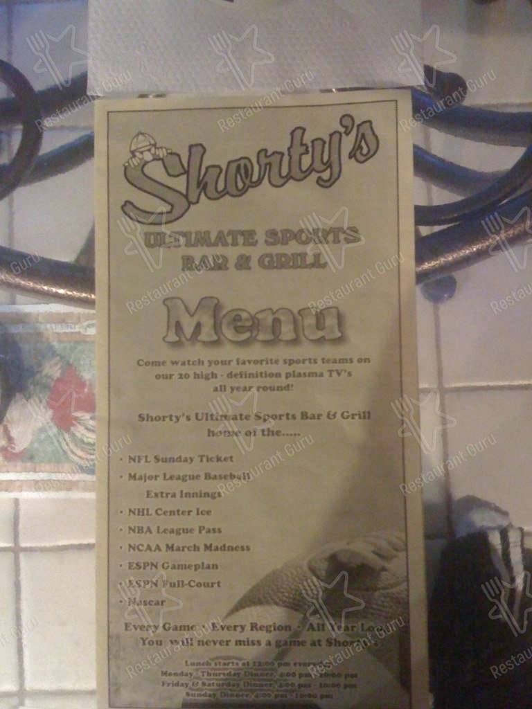 Menu at Shorty's pub & bar, Niagara Falls