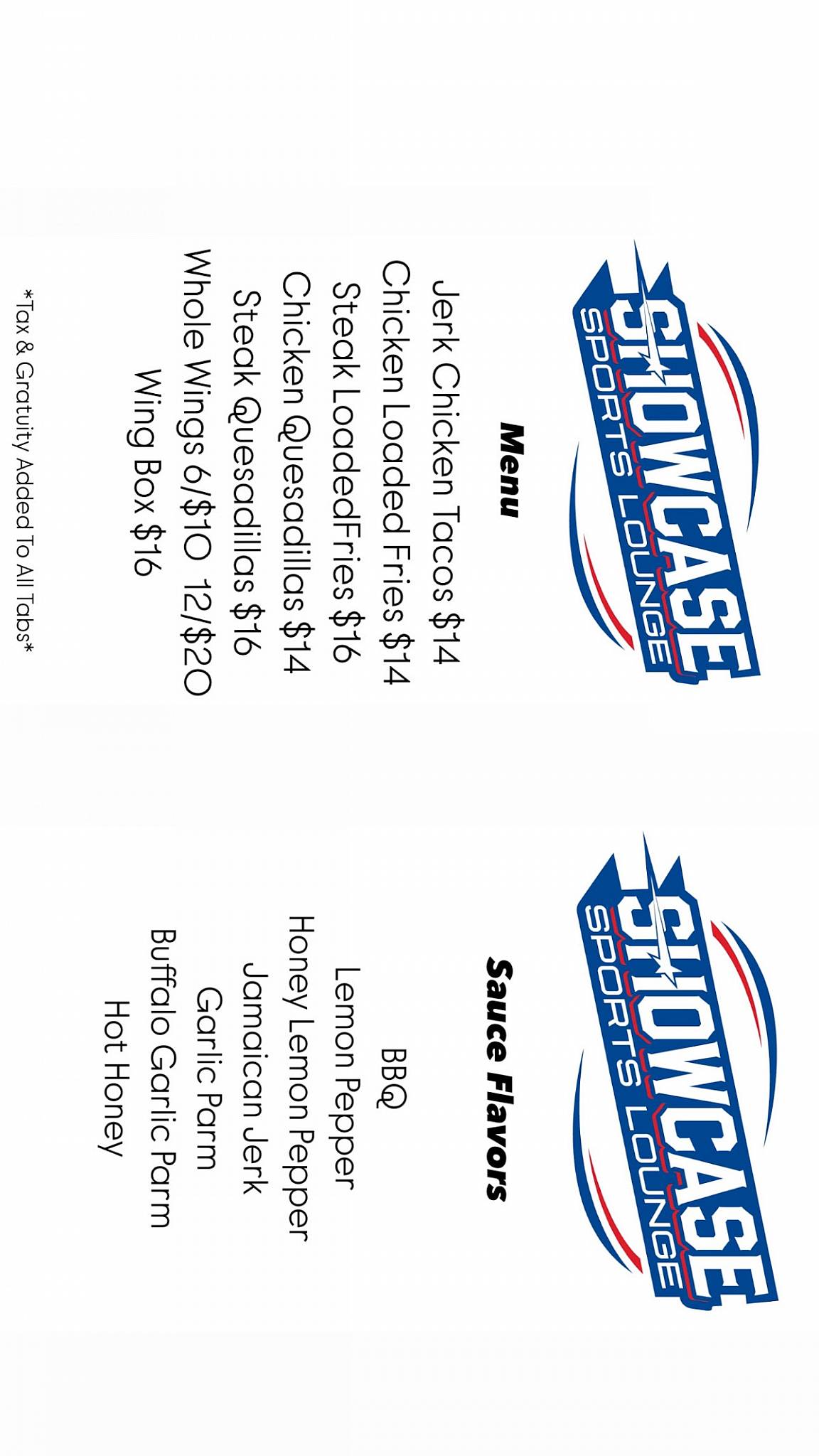 Menu at Showcase Sports Lounge pub & bar, Garfield Heights