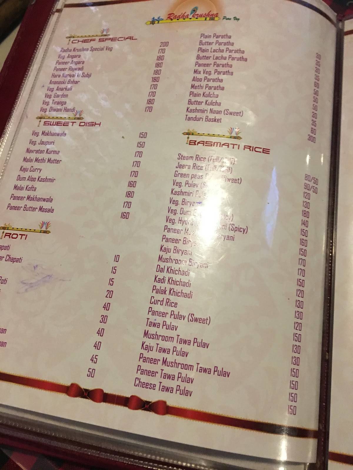 Menu at Shree Radha Krishna Pure Veg, Pune, FQ2V+W8V