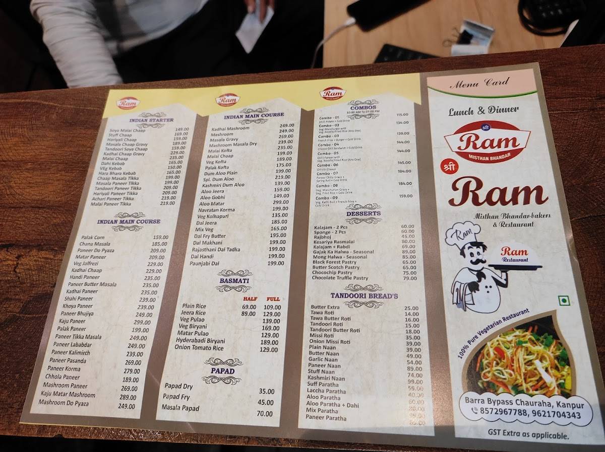 Menu at Shree Ram Misthan Bhandar, Kanpur