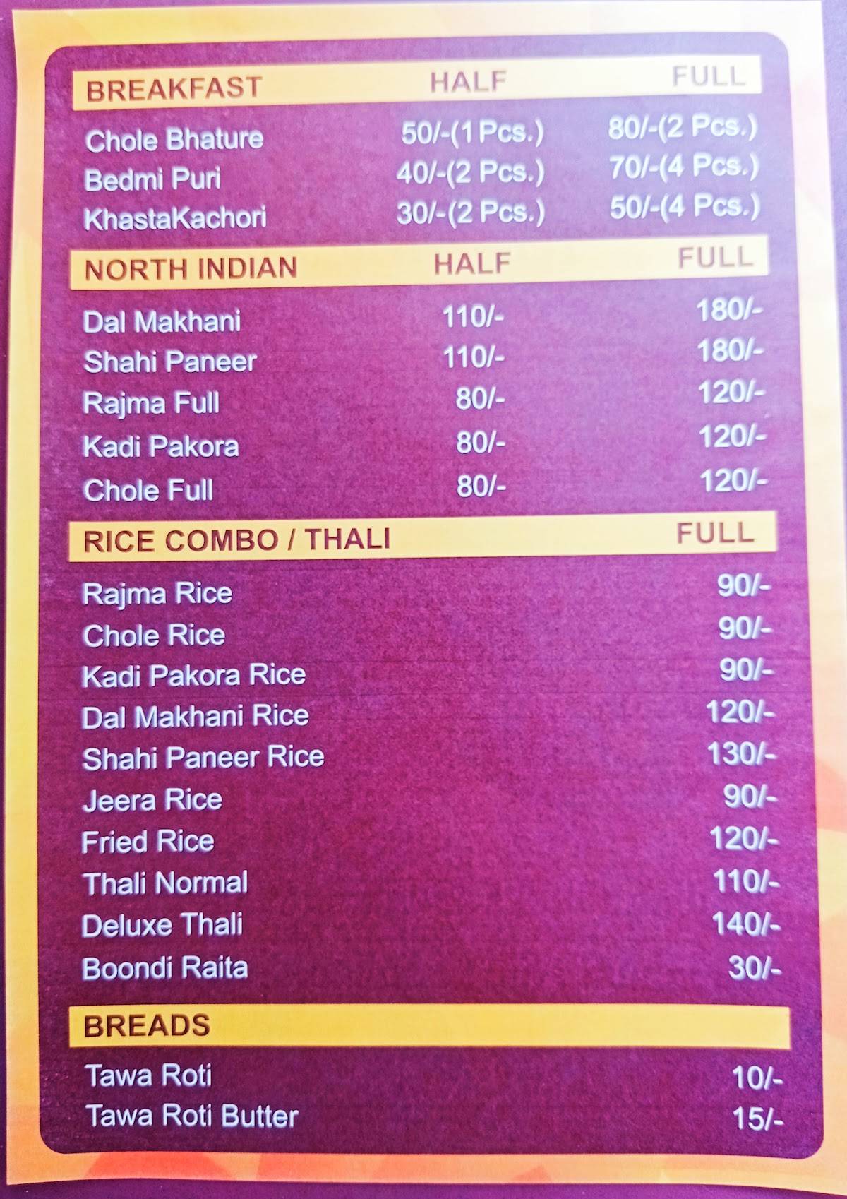 Menu at Shri Radhey Shyam Chole Bhature And Veg Thali Service, Greater ...