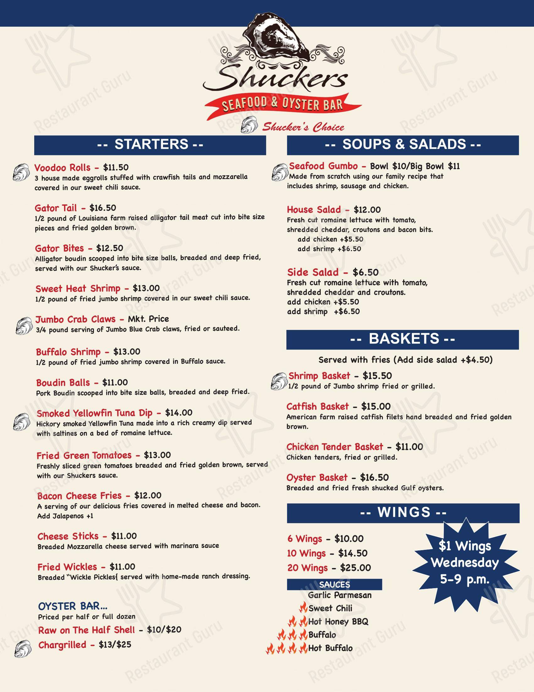 Menu at Shuckers Seafood and Oyster Bar, Jackson