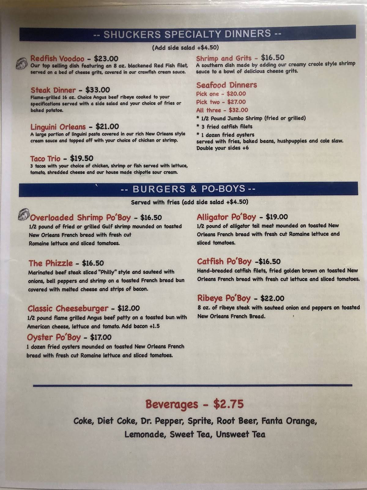 Menu at Shuckers Seafood and Oyster Bar, Jackson