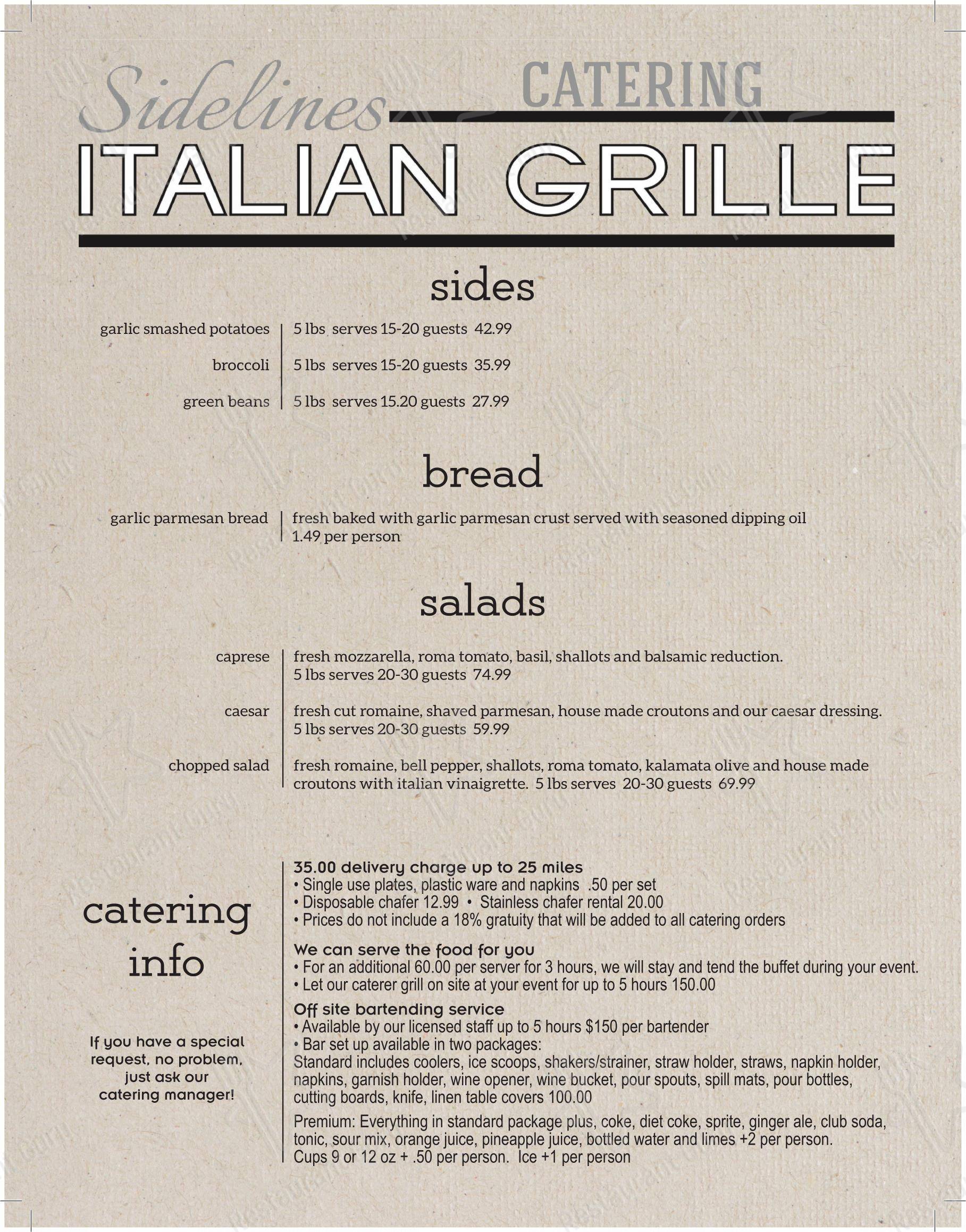 Menu at Sidelines Italian Grille pizzeria, Lambertville