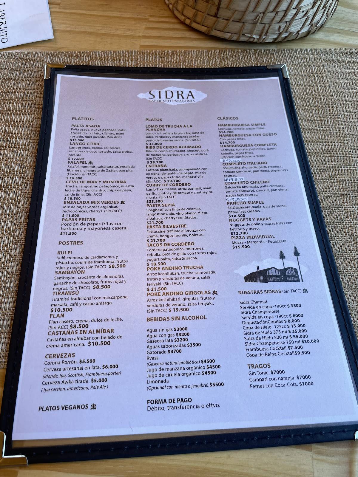 Carta del restaurante Sidra Laberinto Patagonia, El Hoyo