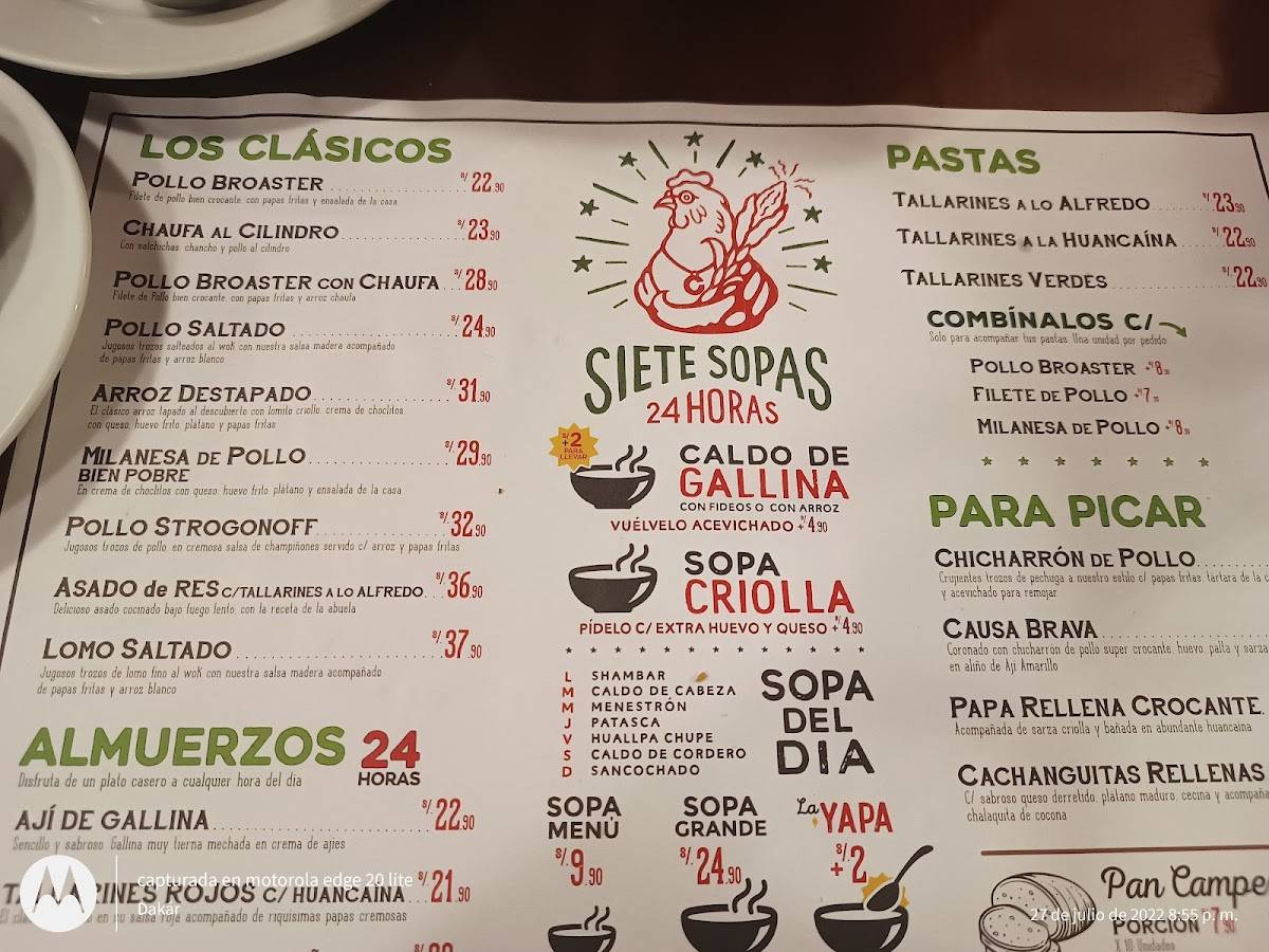 Carta del restaurante Siete Sopas Lince, Lince, Av. Arequipa 2394