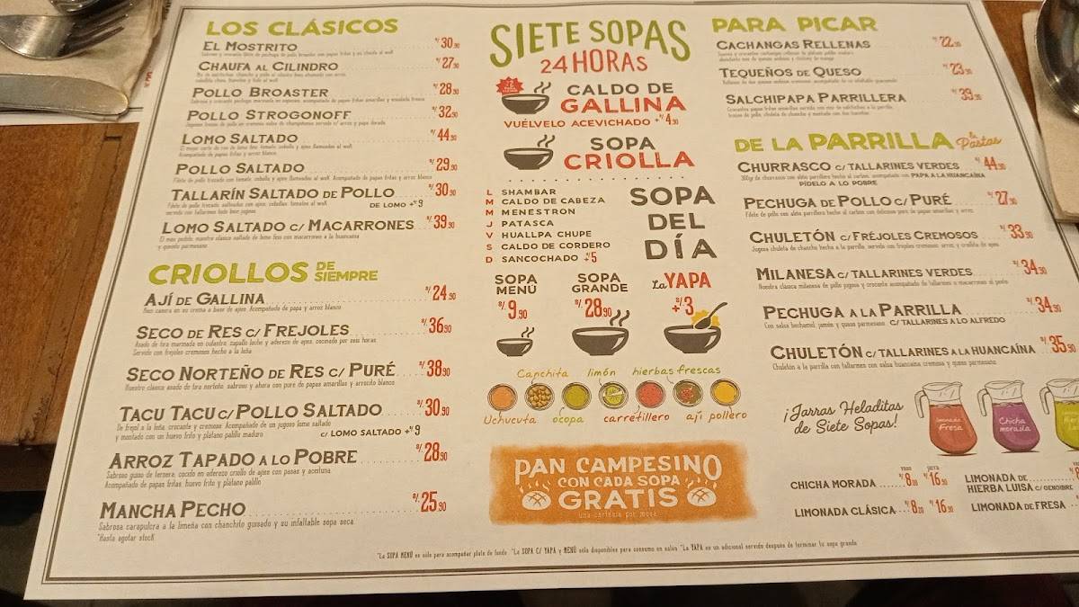 Carta del restaurante Siete Sopas Lince, Lince, Av. Arequipa 2394