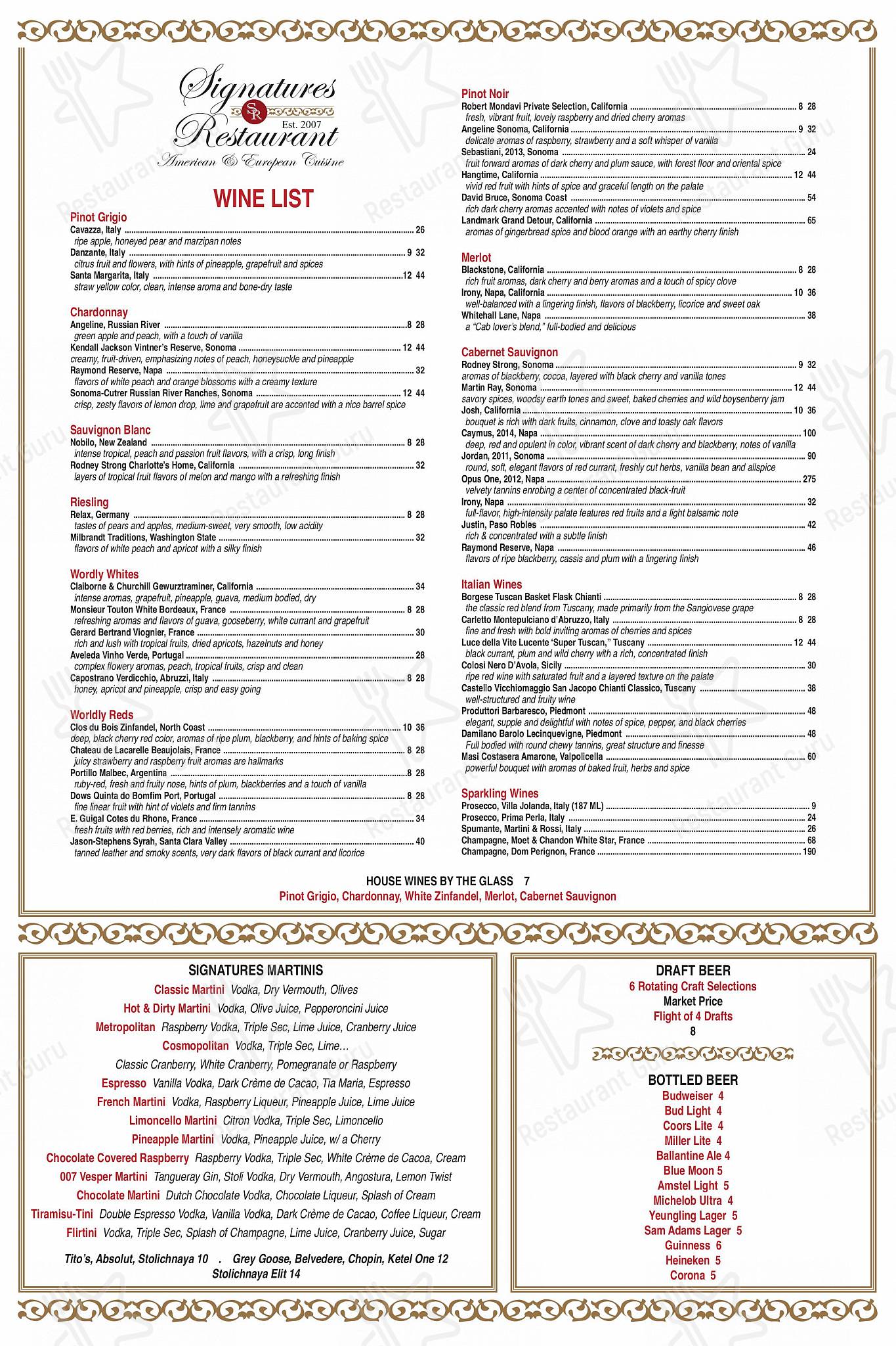 Menu at Signatures restaurant, Waterbury