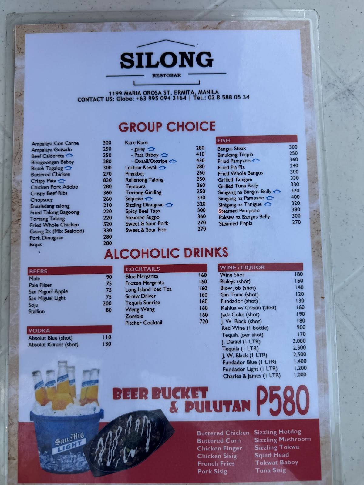Menu at Silong Restobar, Manila, Ma. Orosa St