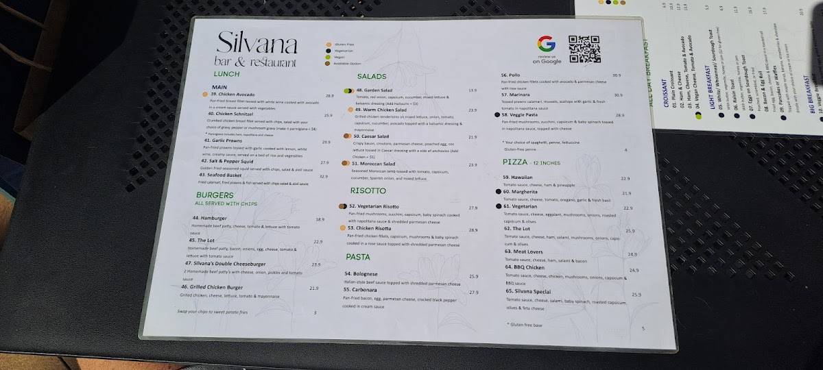 Menu at Silvana Bar & Restaurant, Adelaide Airport