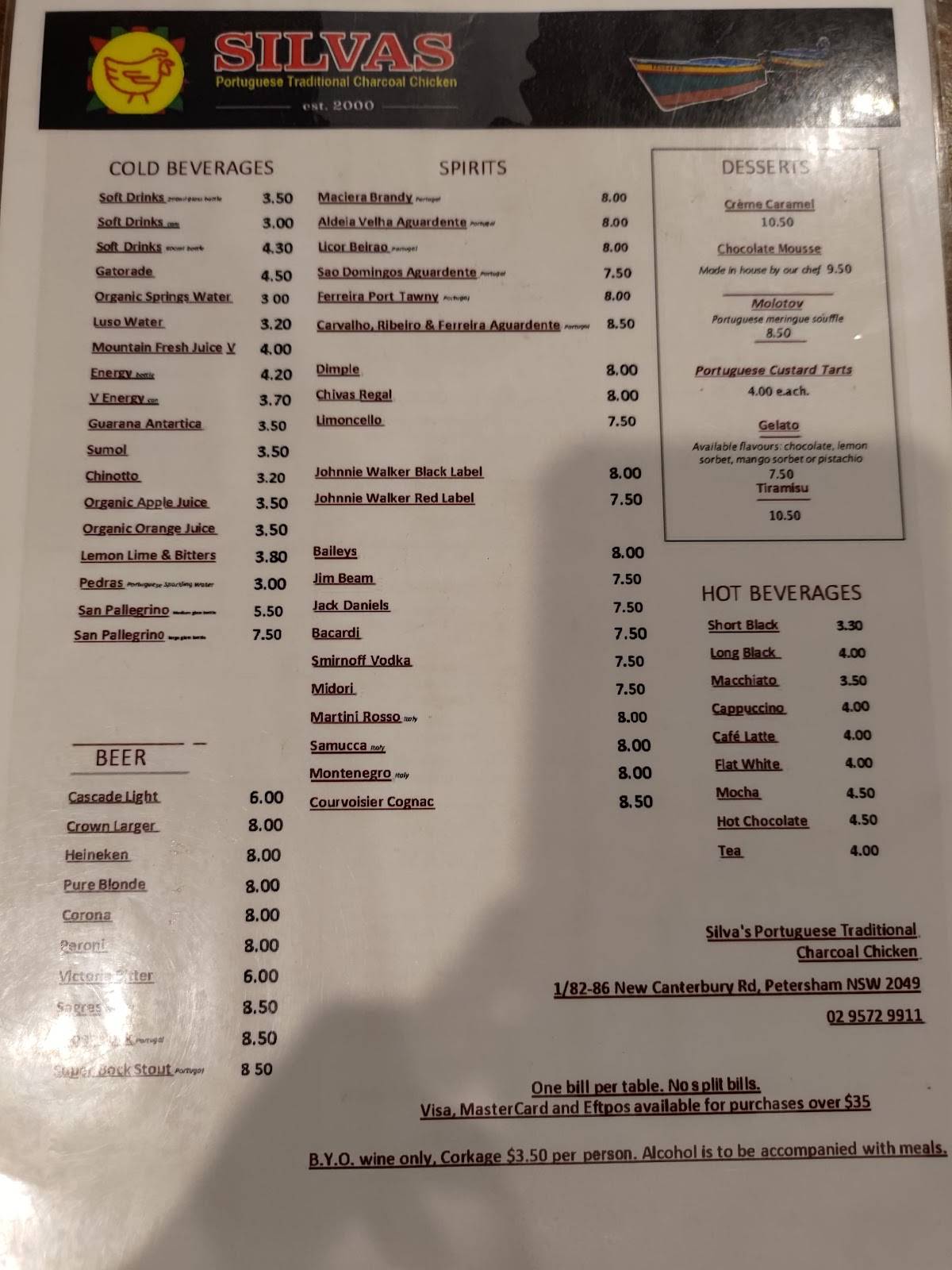 Menu at Silvas Restaurant, Petersham