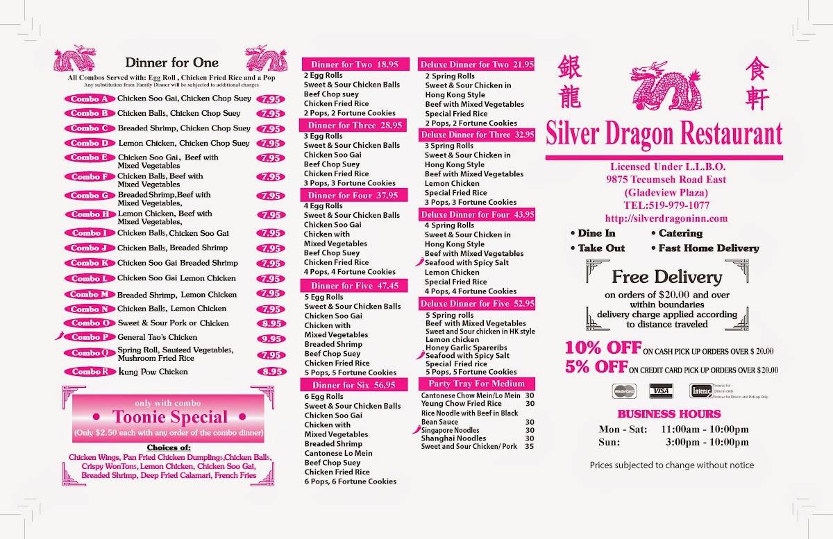Menu at Silver Dragon restaurant, Windsor