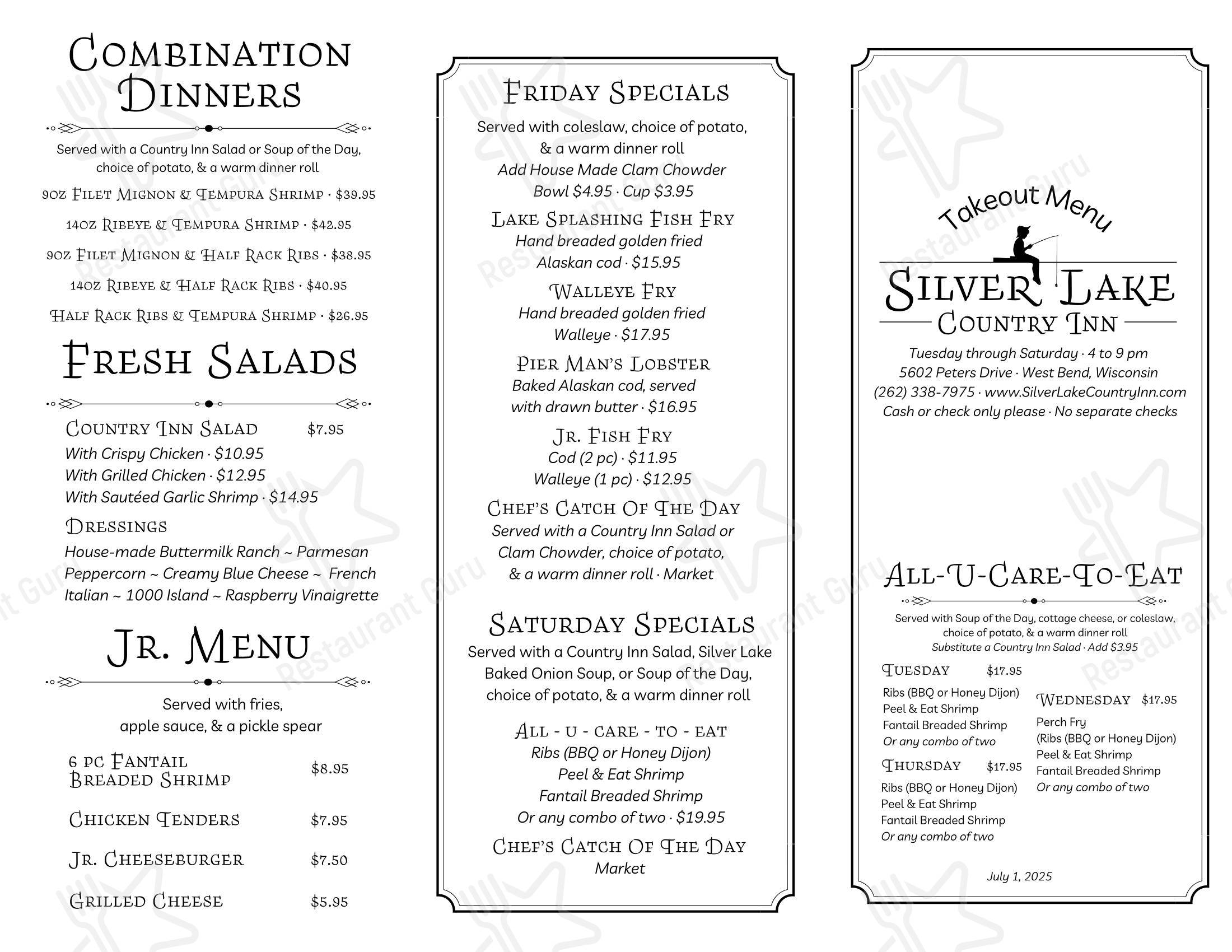 Menu at Silver Lake Country Inn restaurant, West Bend