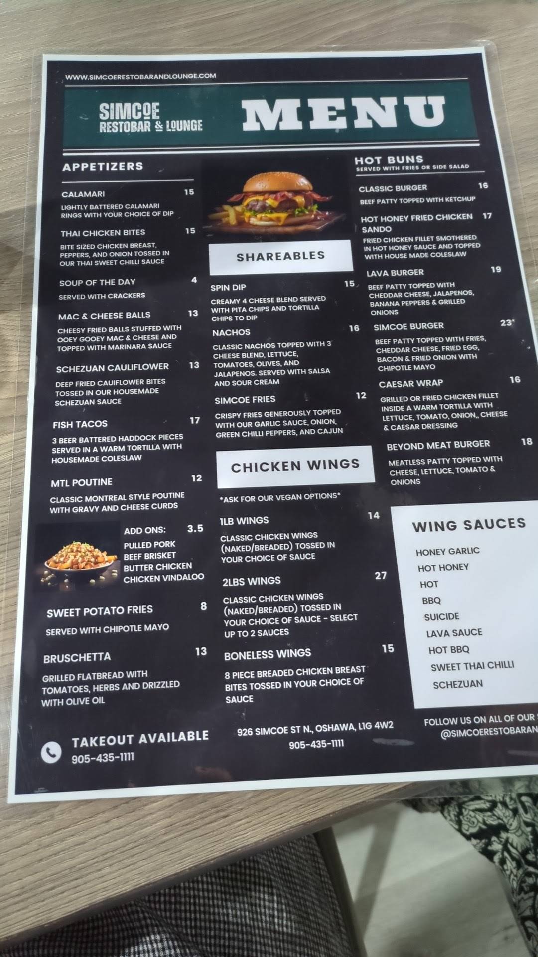 Menu at Simcoe Restobar & Lounge, Oshawa