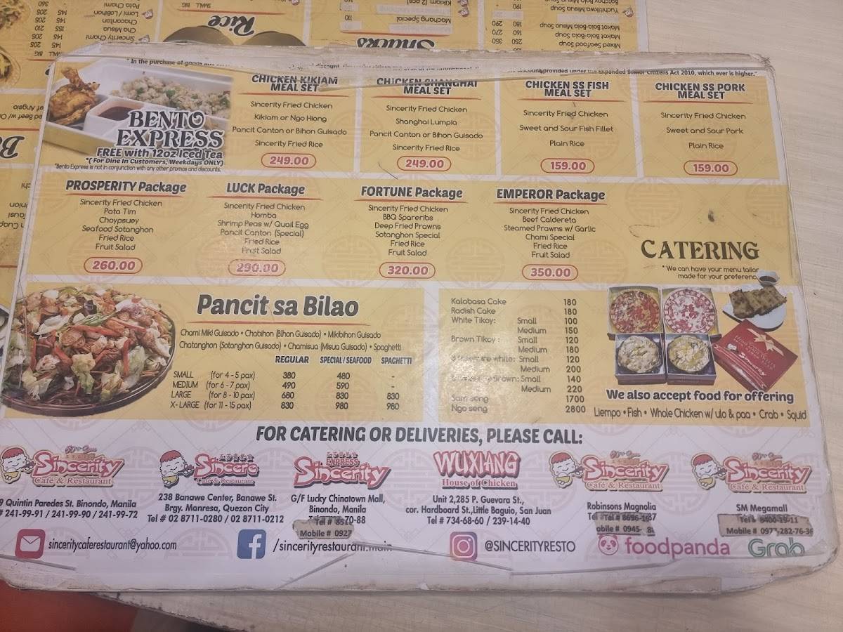 Menu at Sincerity Express Cafe and Restaurants, Mandaluyong