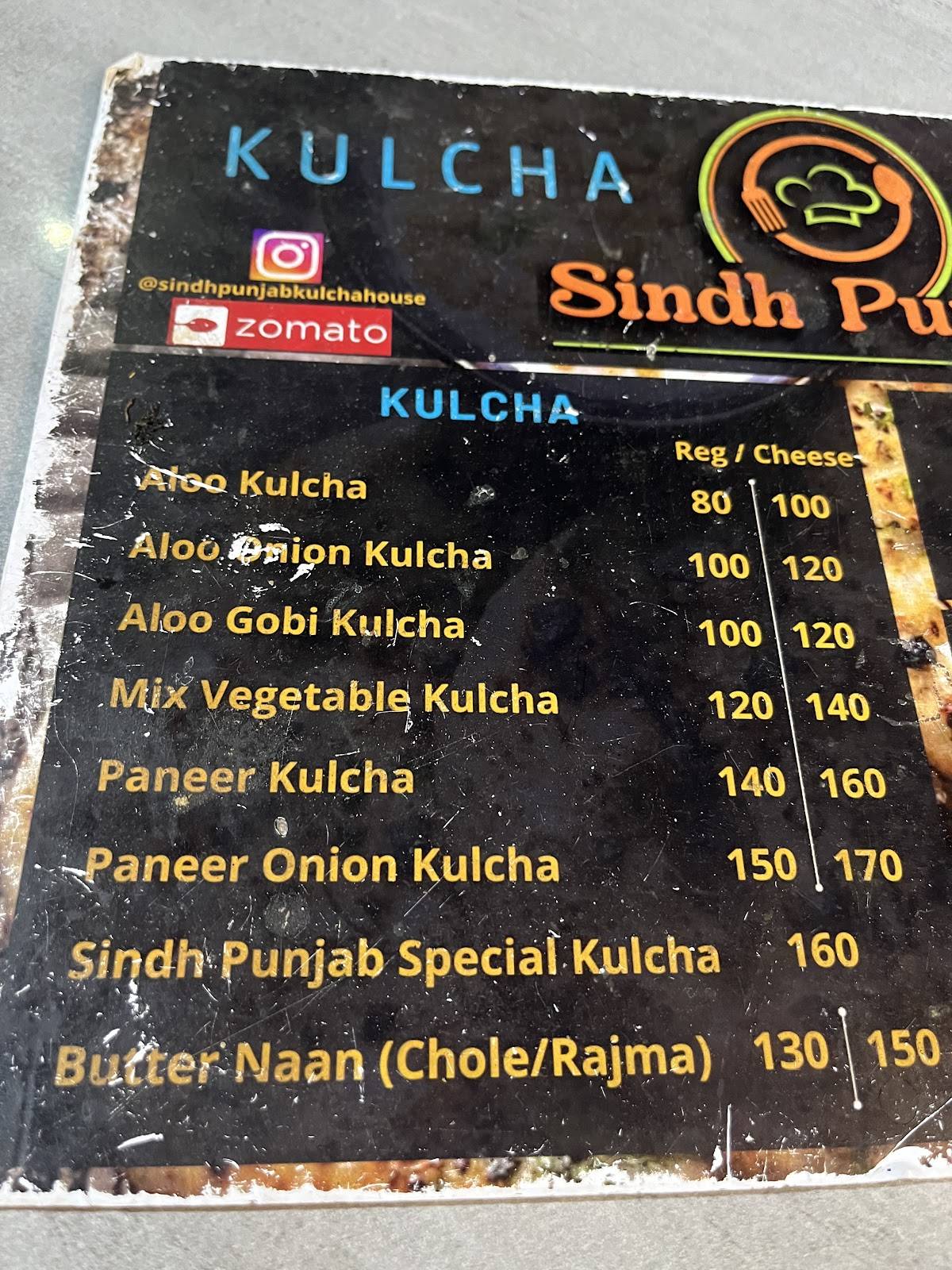 Menu at Sindh Punjab Kulcha house, Thane
