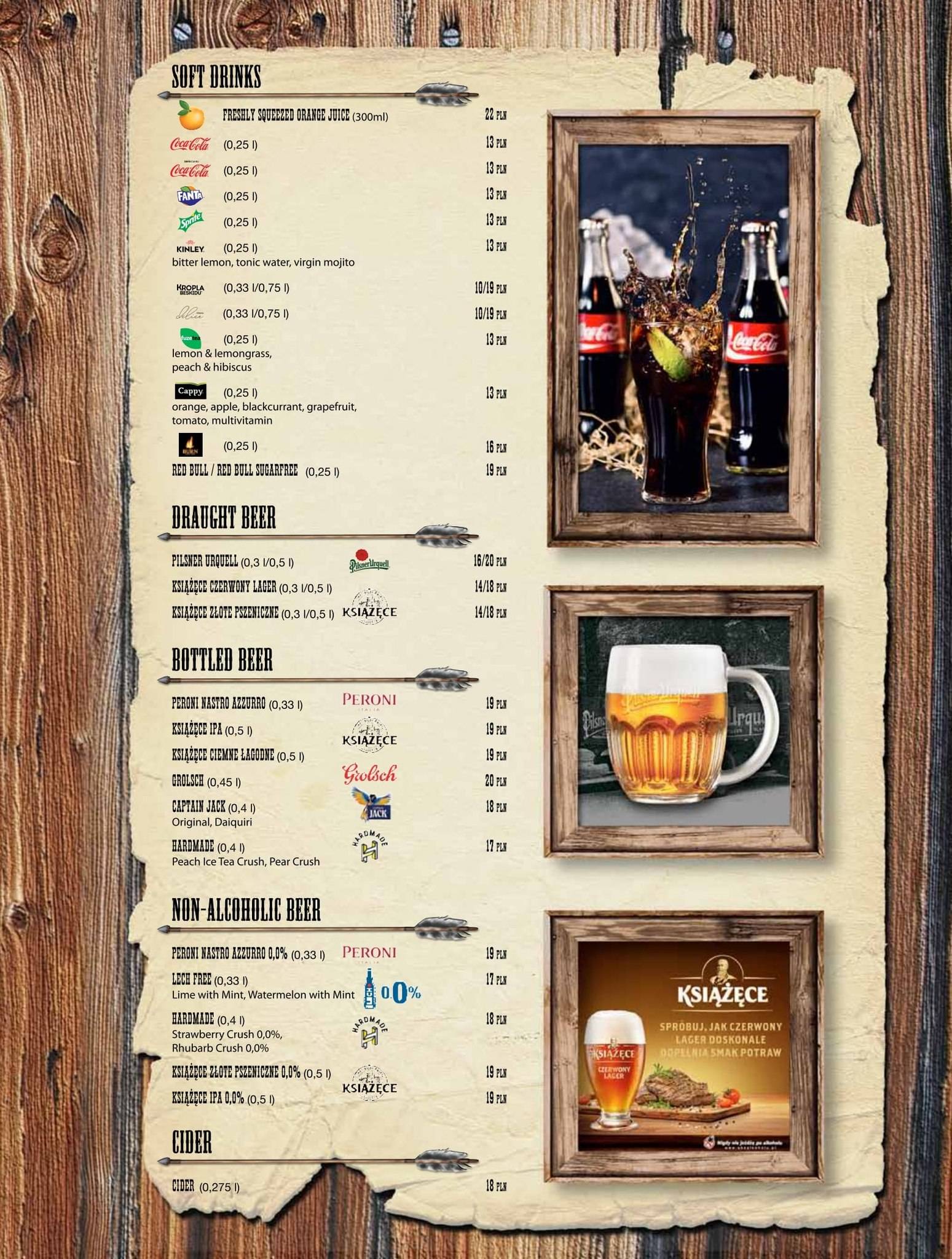 Menu at Sioux steakhouse, Kraków