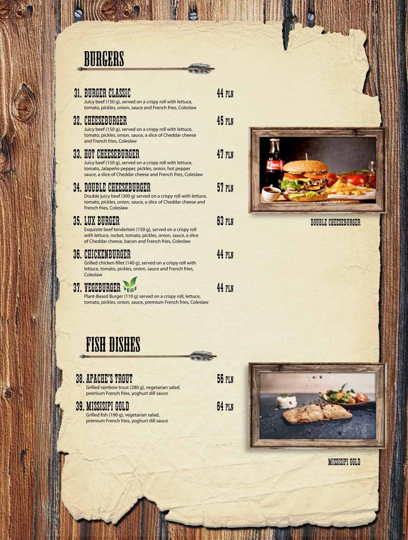 Menu at Sioux steakhouse, Kraków