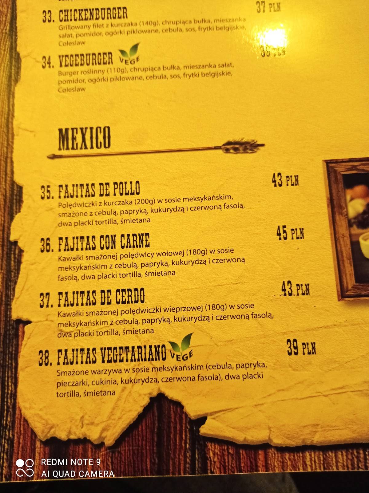 Menu at Sioux steakhouse, Kraków
