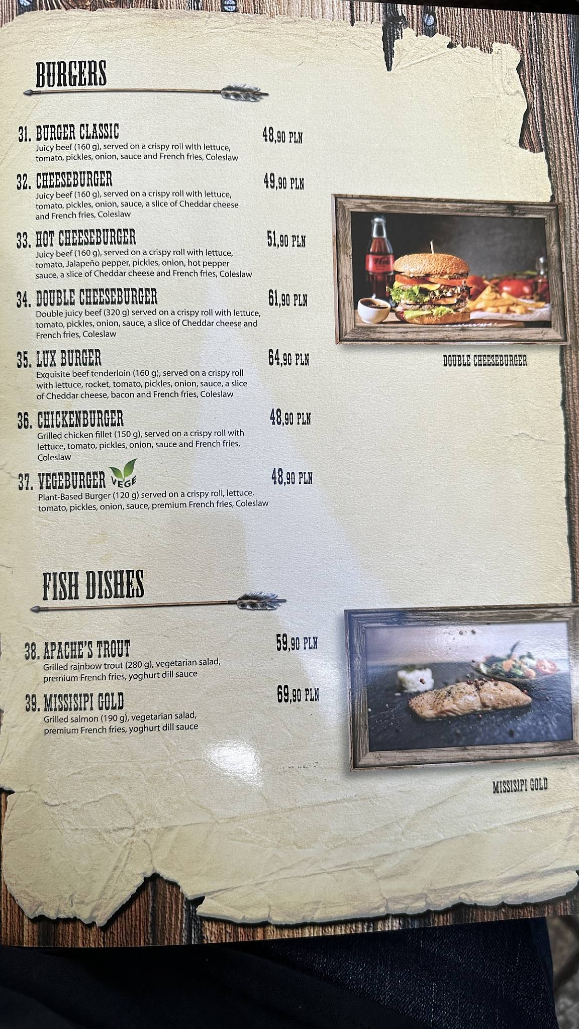 Menu at Sioux steakhouse, Kraków
