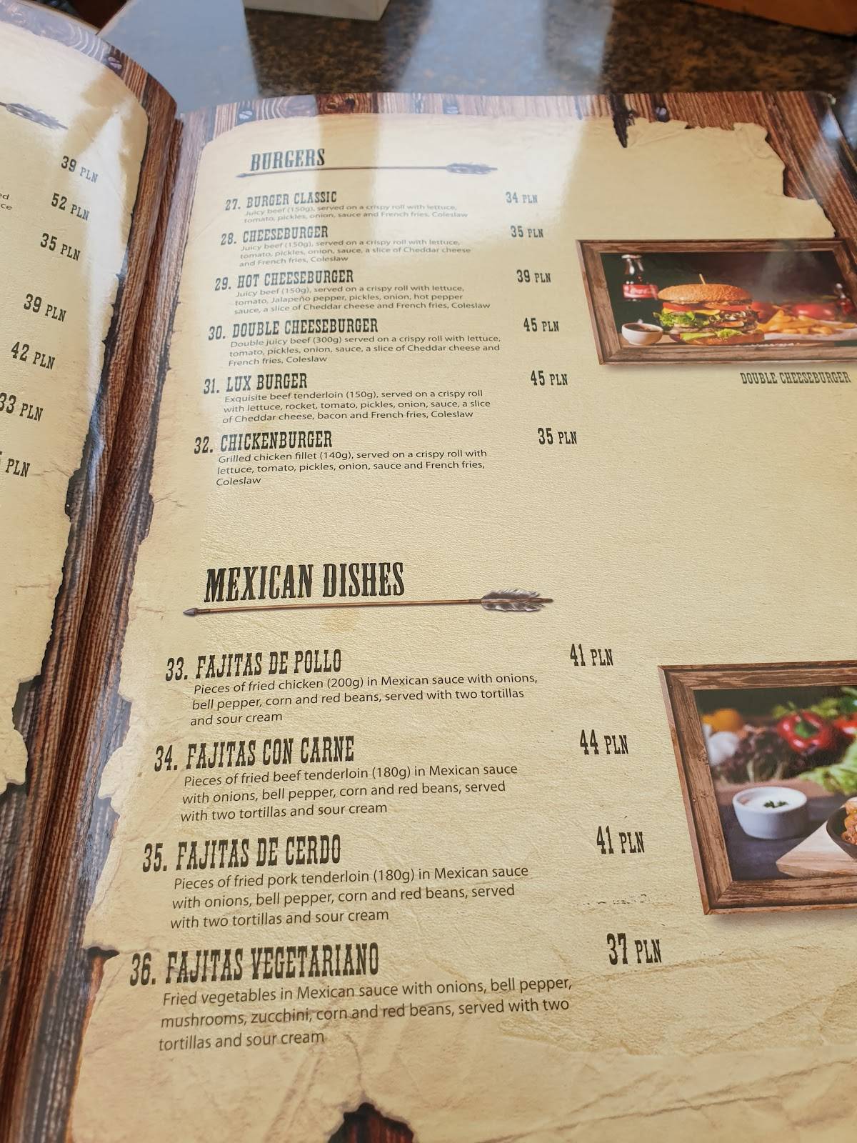 Menu at Sioux steakhouse, Kraków