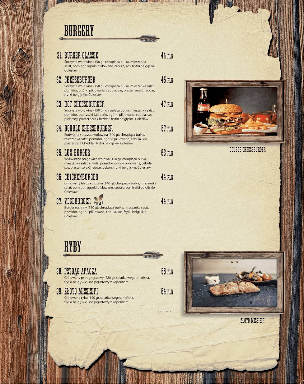 Menu at Sioux steakhouse, Kraków