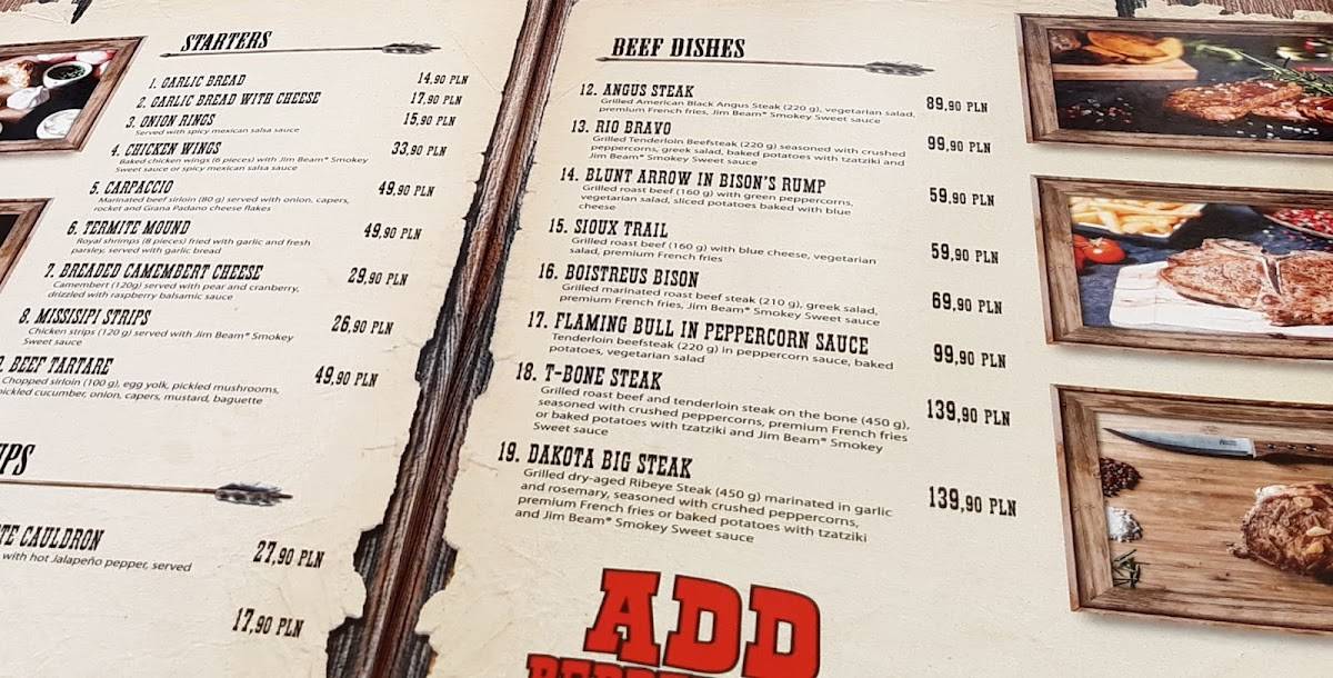 Menu at Sioux steakhouse, Kraków