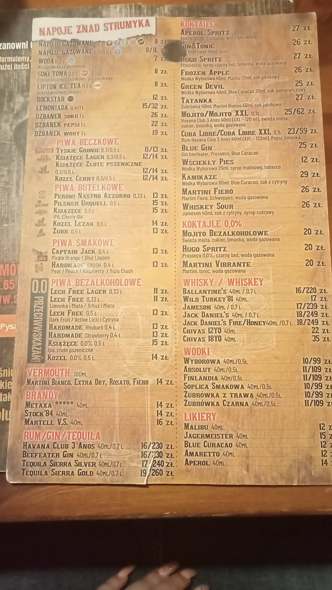 Menu at Sioux steakhouse, Kraków