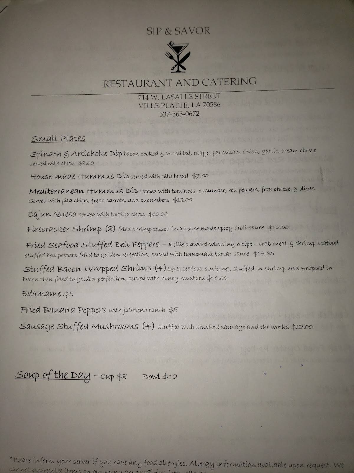 Menu at Sip & Savor Restaurant + Catering, Ville Platte