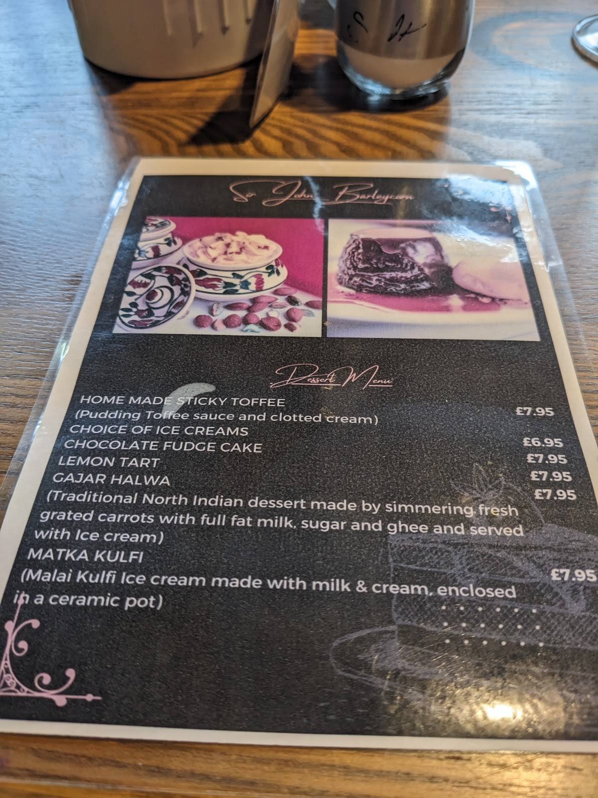 Menu at Sir John Barleycorn, Copythorne
