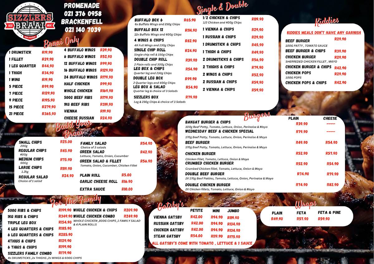 Menu at Sizzlers Braai Promenade restaurant, Cape Town, AZ Berman and