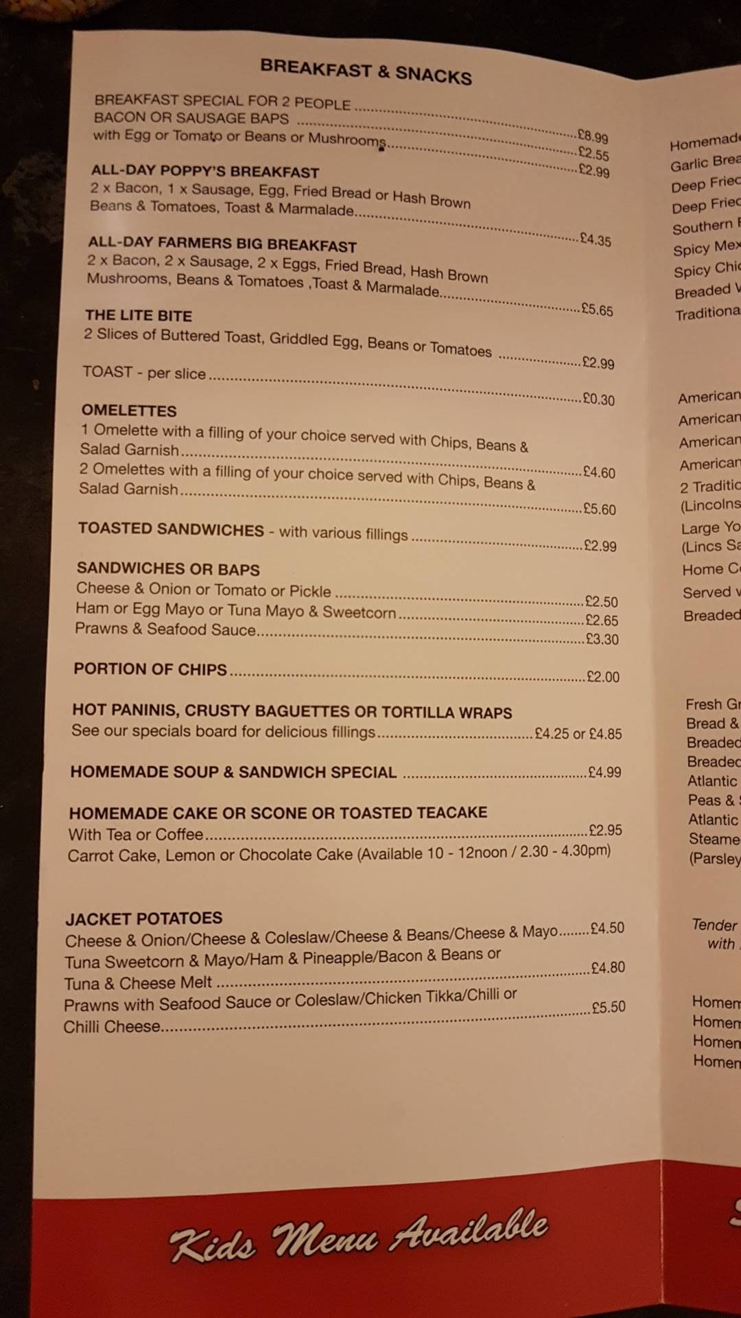 Menu at Poppy's Restaurant, Skegness