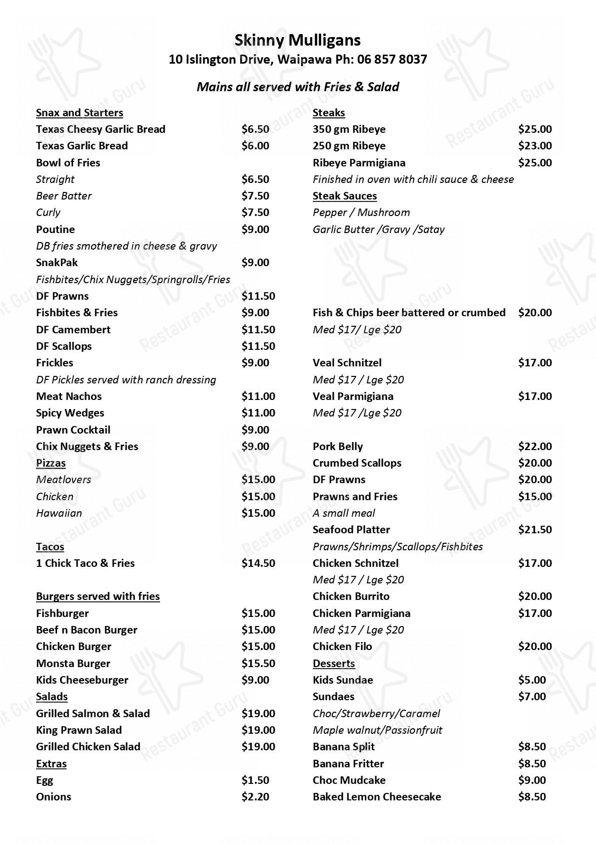 Menu at Skinny Mulligans pub & bar, Waipawa
