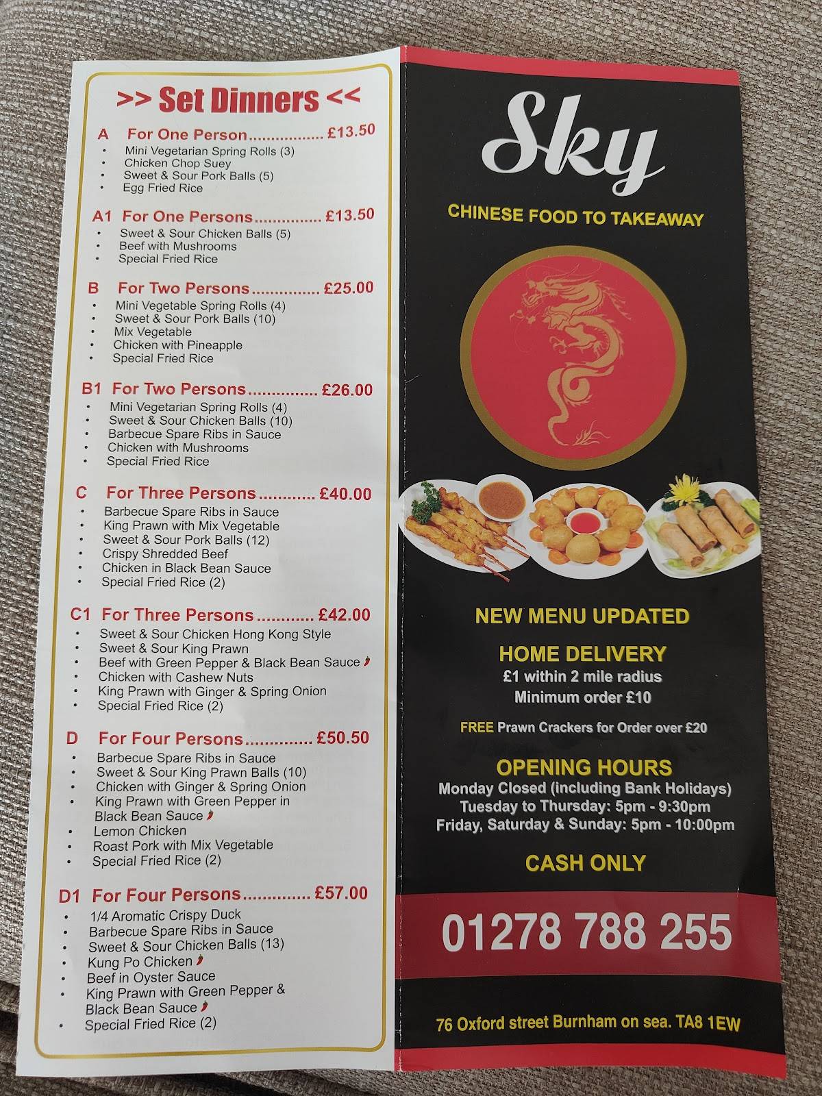 Menu at Sky Chinese Takeaway pub & bar, Burnham-on-Sea