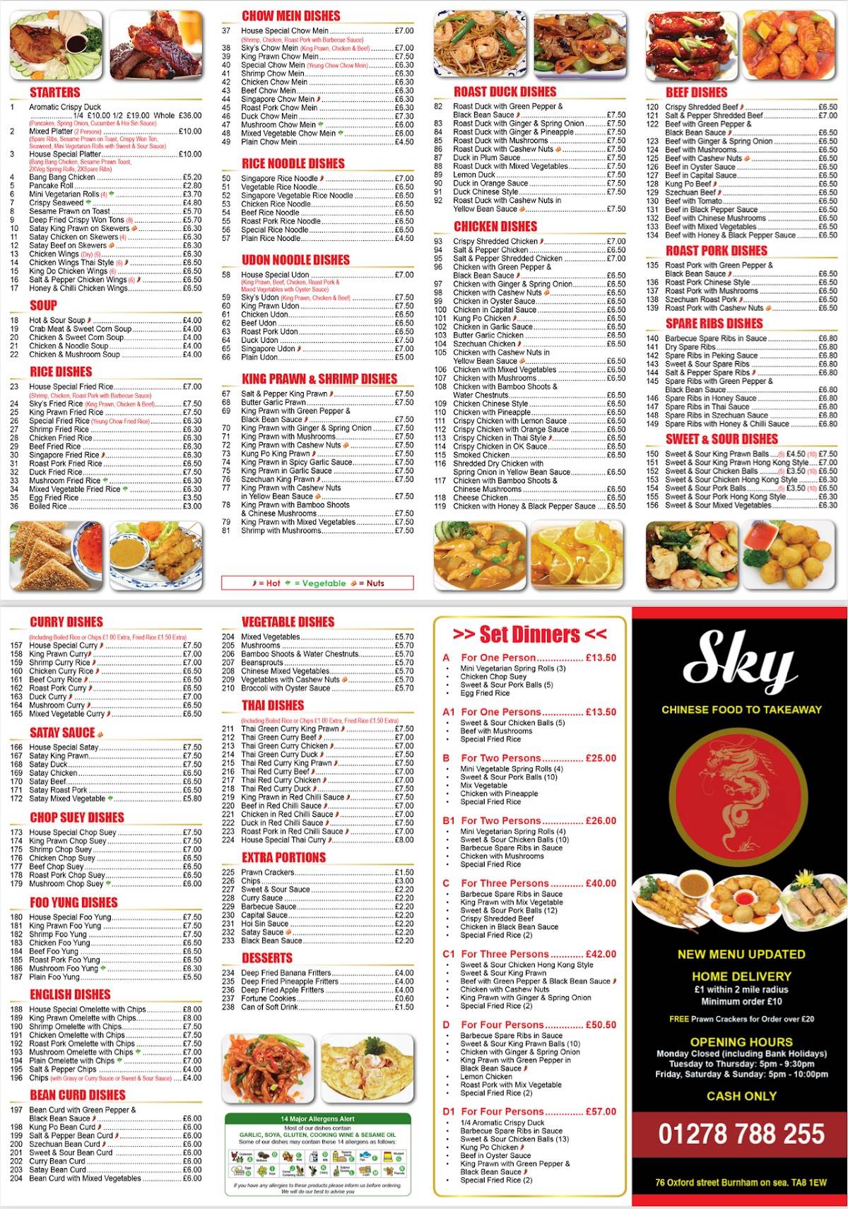 Menu at Sky Chinese Takeaway pub & bar, Burnham-on-Sea