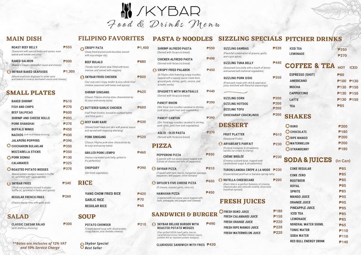 Menu at Skybar - Subic Bay, Subic Bay Freeport Zone