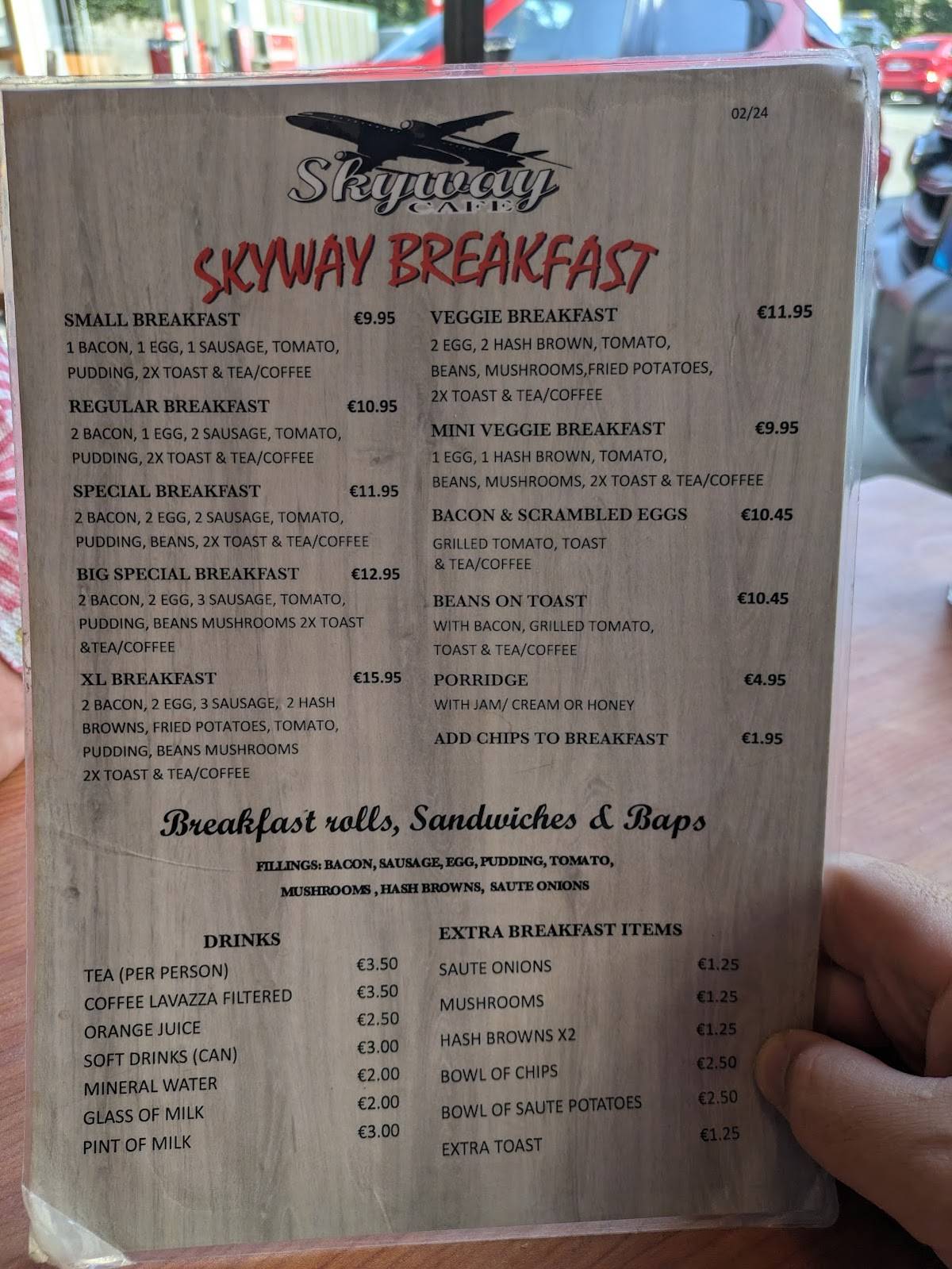 Menu at Skyway Cafe, Ireland, North Rd