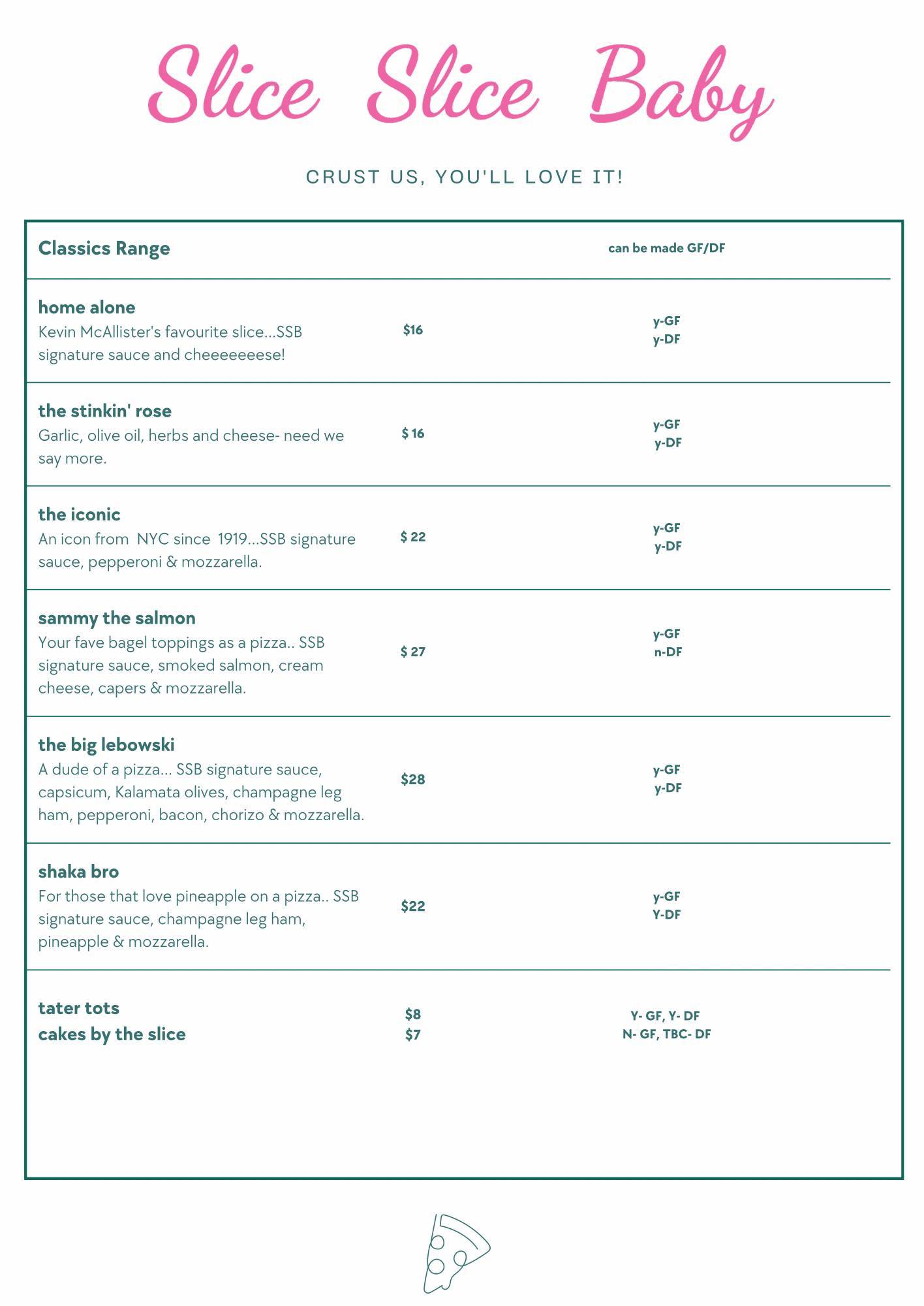 Menu at Slice Slice Baby pizzeria, Whitianga